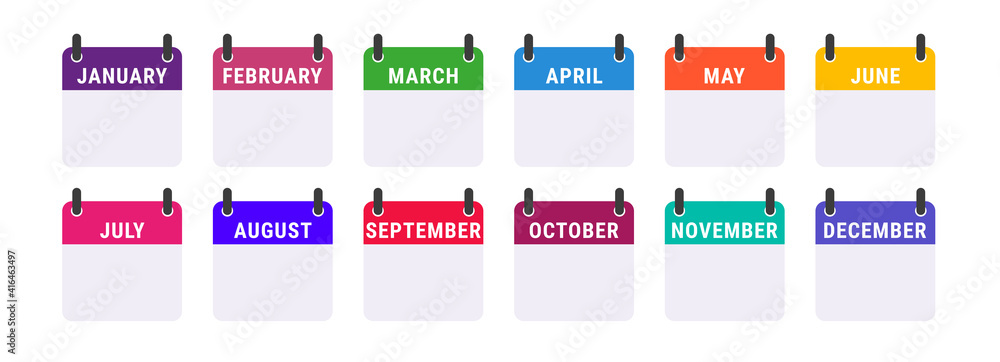 Monthly calendar icon set. For each month, an icon in its own color ...