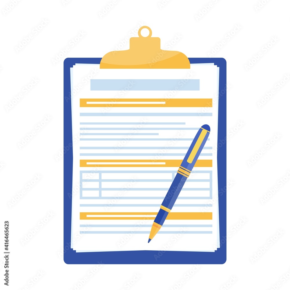Clipboard with document and pen isolated on white background. Filling ...