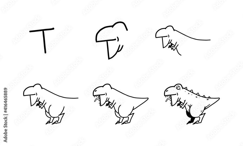 how to draw a cute t rex from T step by step. easy and fun activity for ...