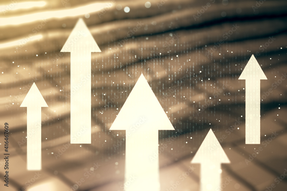 Virtual upward arrows hologram on abstract metal background, leadership ...