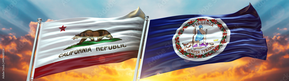 California flag and Virginia flag States of America waving with texture ...