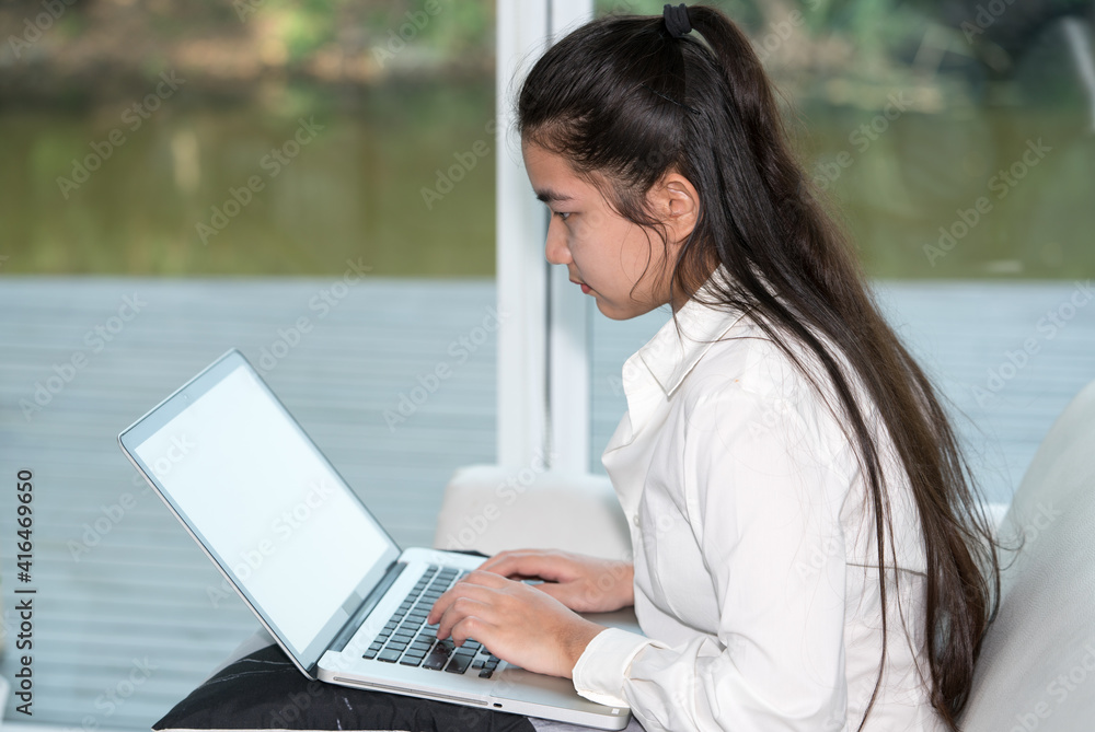 Education learning online concept, New normal style. Teen girl using ...