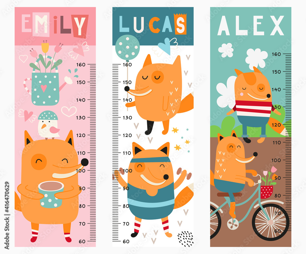 Kids height chart with cute fox in cartoon style. Vector Illustration ...
