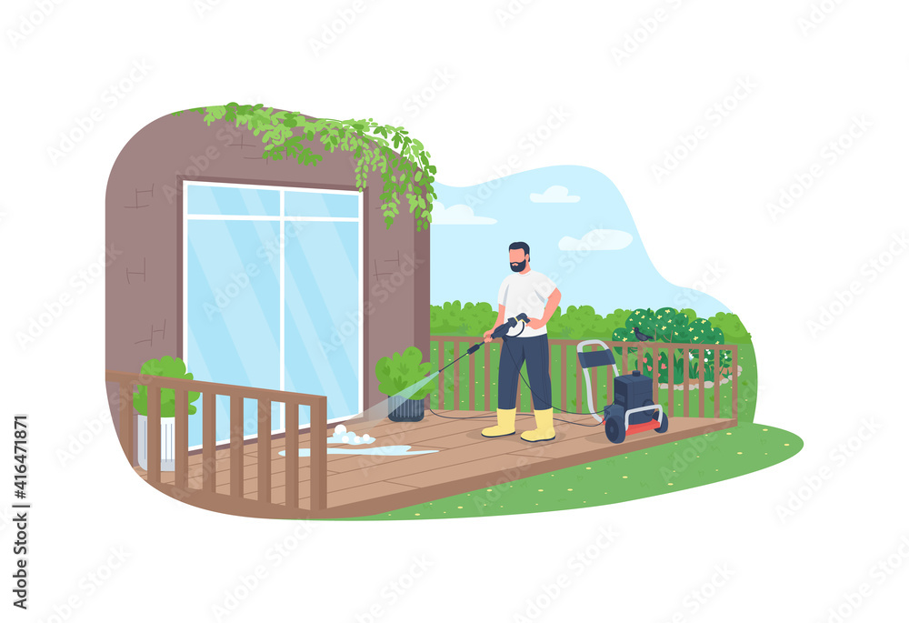 Deck cleaning with power wash gun 2D vector web banner, poster ...