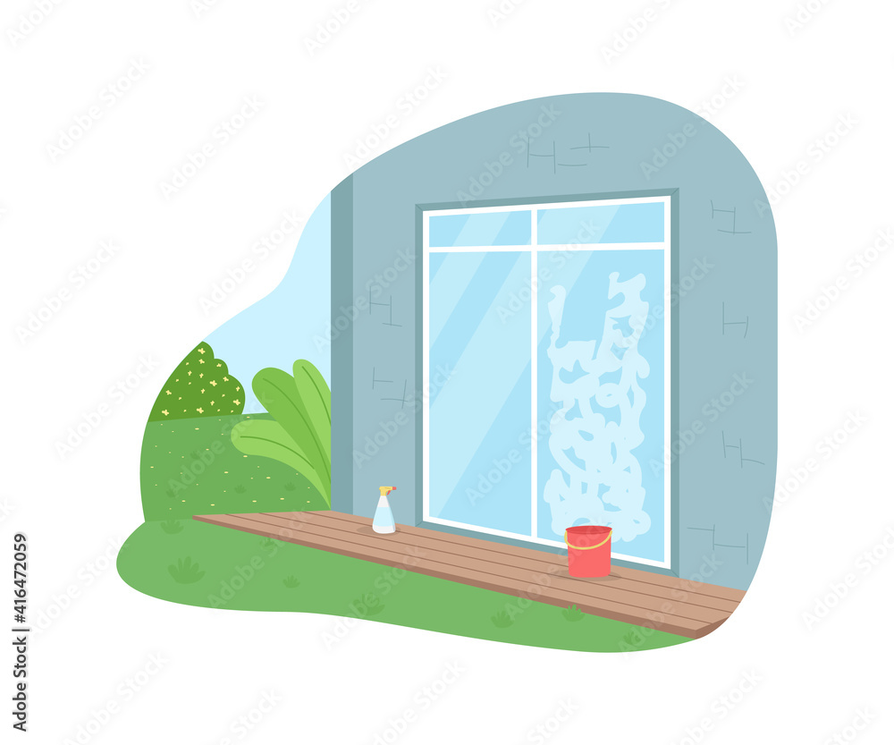 Wash window from outside 2D vector web banner, poster. Seasonal spring ...
