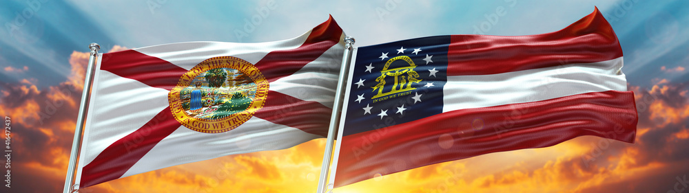 Florida flag and Georgia flag States of America waving with texture sky ...