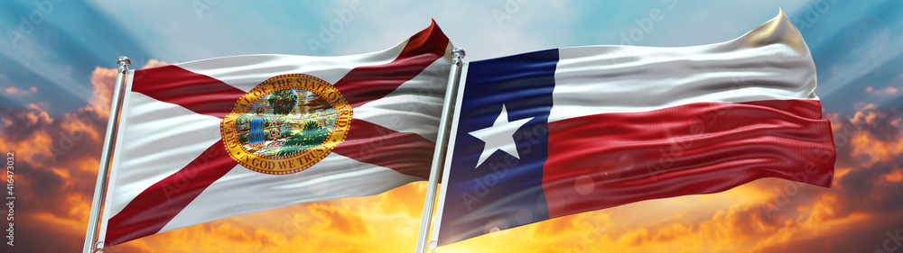 Florida flag and Texas flag States of America waving with texture sky ...