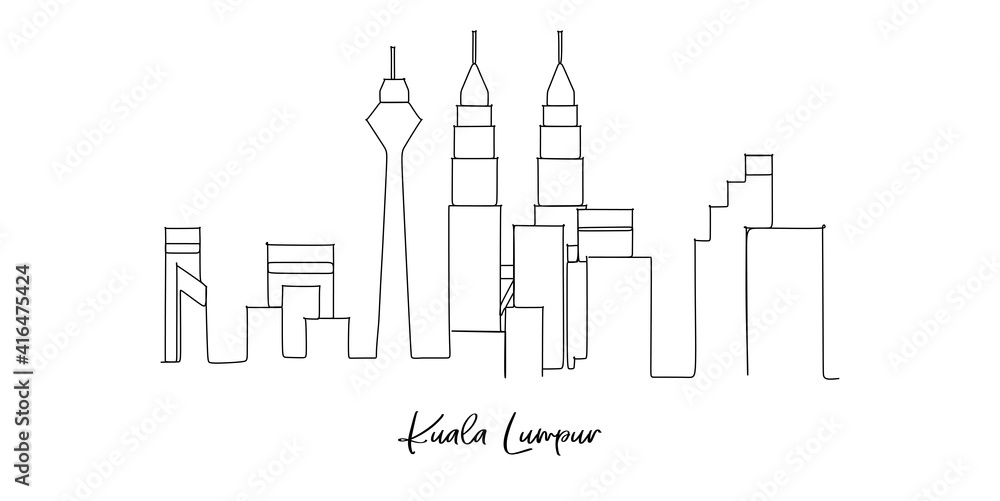 Kuala Lumpur Malaysia landmark skyline - continuous one line drawing ...