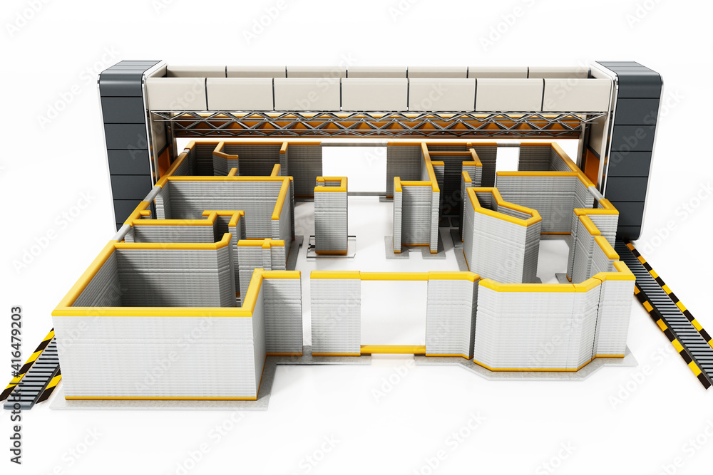 Giant 3D printer and 3D printed house exterior. 3D illustration Stock ...