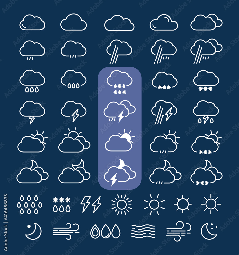 Set of vector weather icons. Symbols of clouds, rain, snow, downpour ...