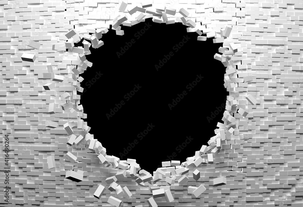 Breaking down the white brick wall on a black background 3d rendering ...
