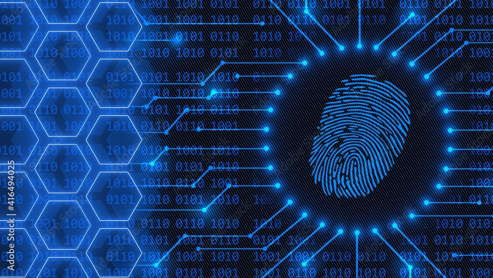 Fingerprint logo - abstract background in blue of 4-digit binary code behind information ...