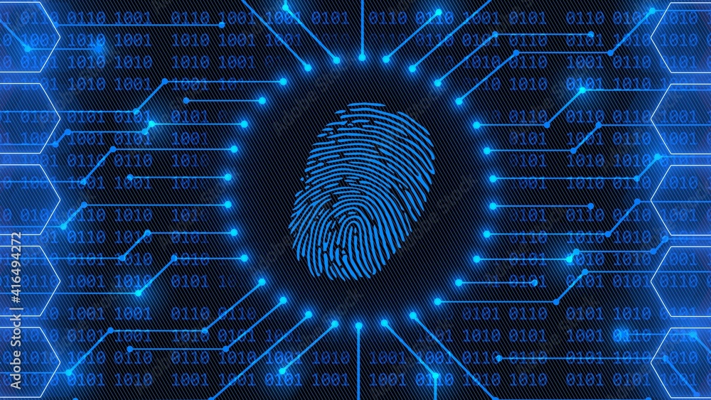 Fingerprint logo - abstract background in blue of 4-digit binary code behind information ...