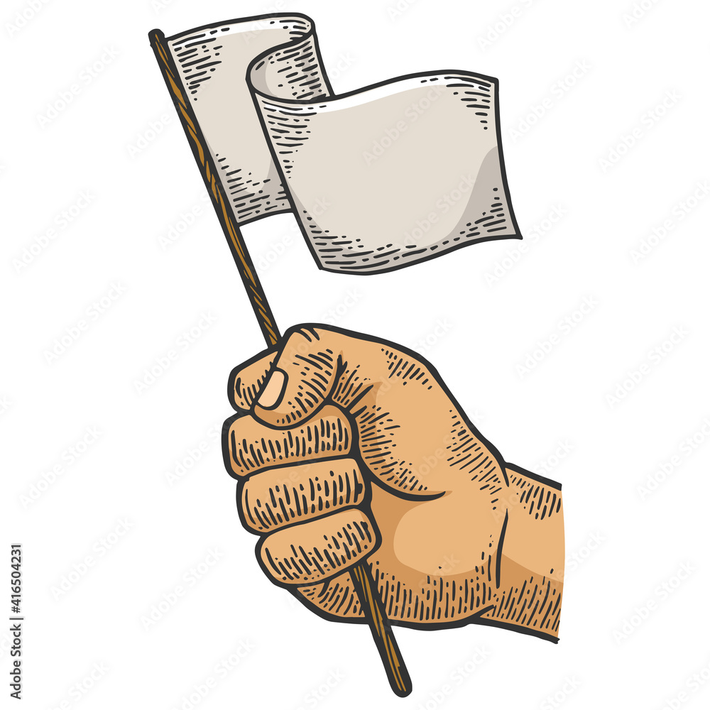 Hand with white flag color sketch engraving vector illustration ...