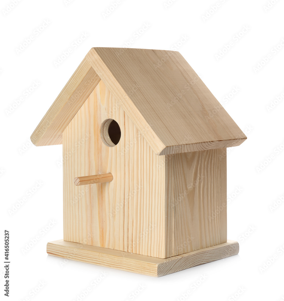Beautiful wooden bird box isolated on white Stock Photo | Adobe Stock