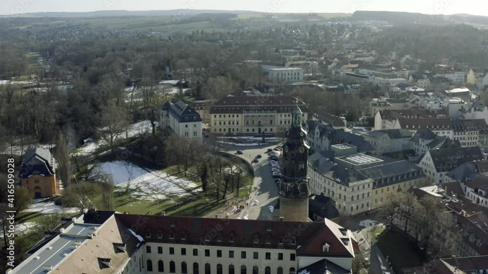 Drone Aerial footage of Weimar on a sunny spring day. Weimer is city in ...