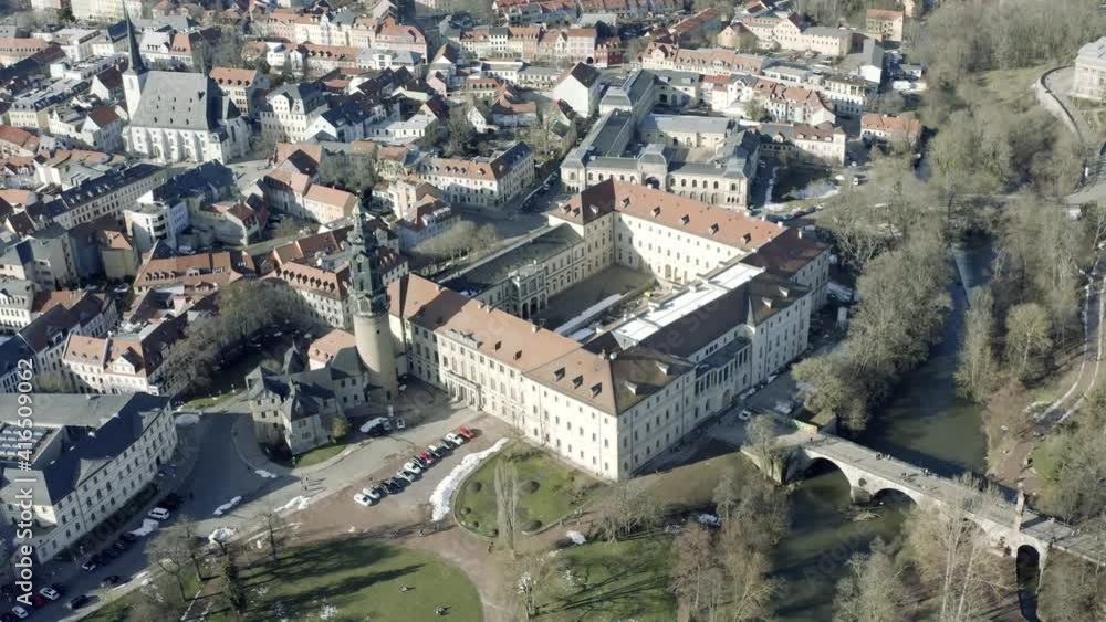 Drone Aerial footage of Weimar on a sunny spring day. Weimer is city in ...