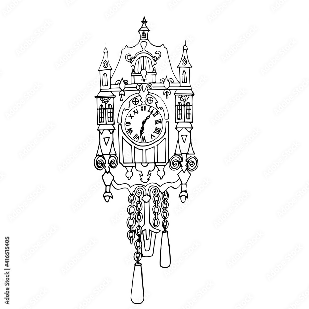 Vintage cuckoo clock. The carved retro clock is isolated on a white ...