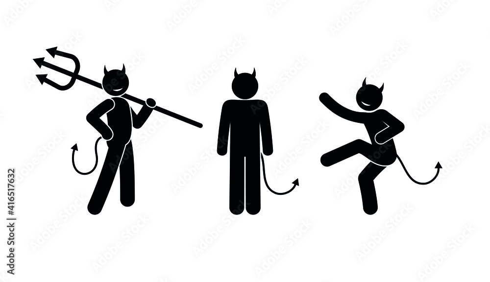 set of devil illustrations, horned demon icon with trident, isolated ...