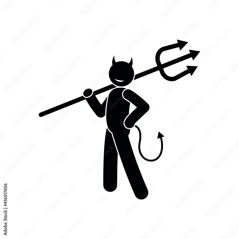 funny devil caricature, horned demon icon with trident, stick figure pictogram isolated ...