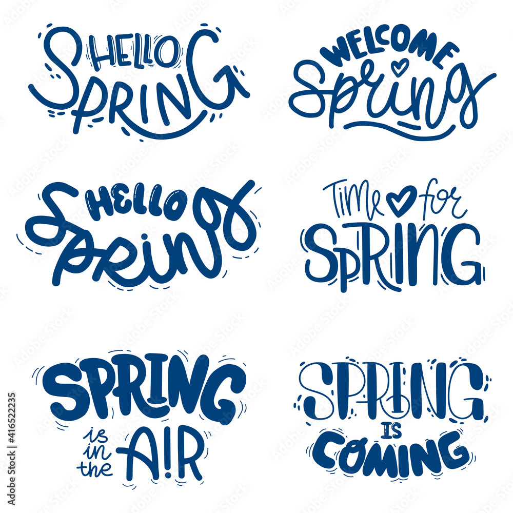 Set of different phrases about spring. Collection of hand drawn ...
