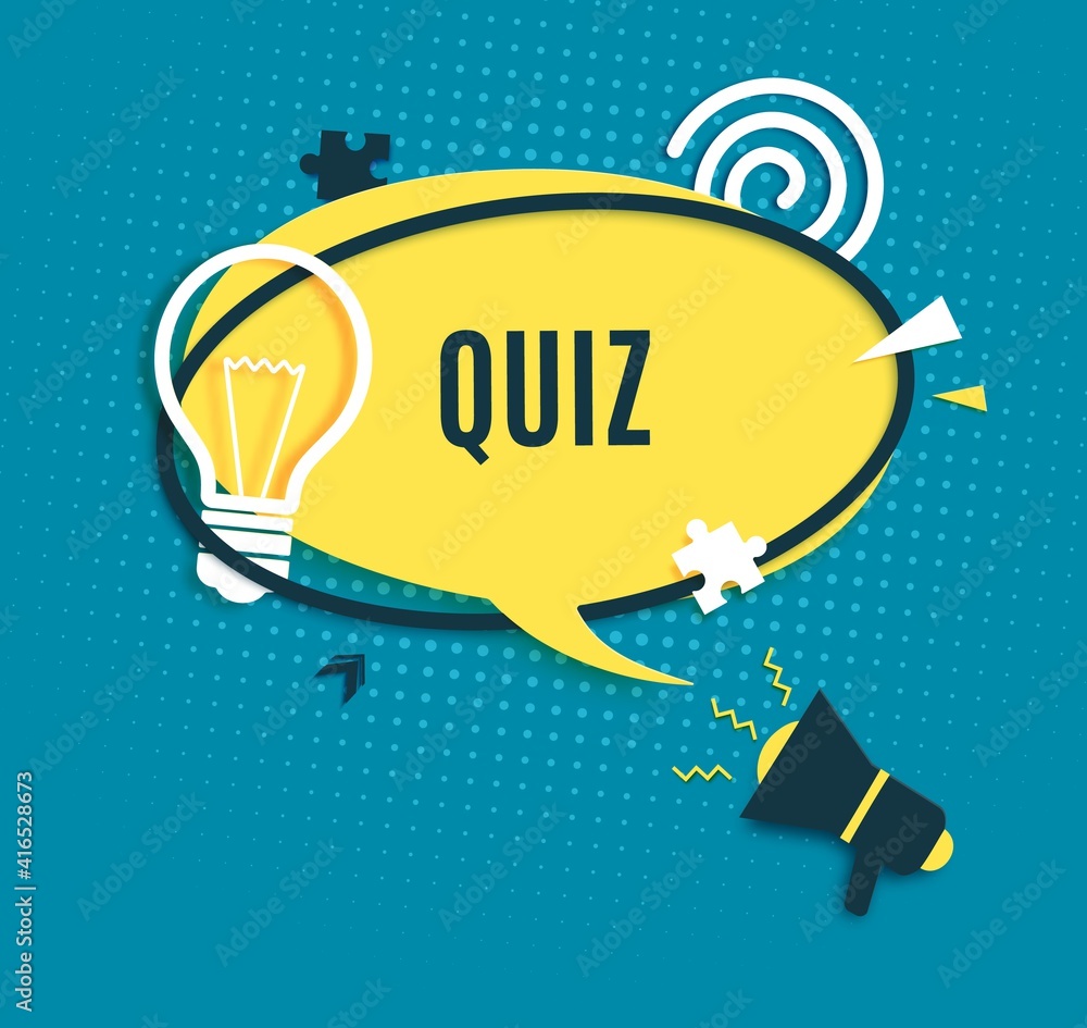 Quiz show label in paper cut style. Layout banner with yellow round ...
