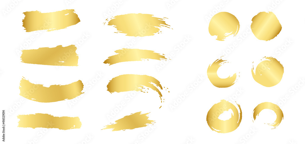 gold paint and ink brush strokes. golden color splash and round shape ...