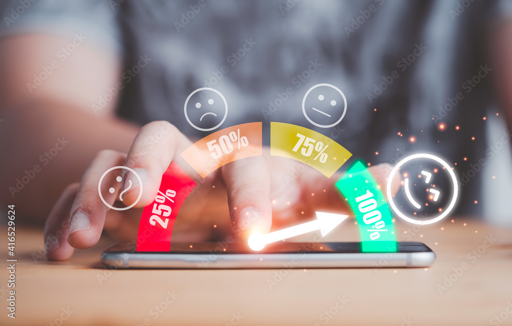 Customer using smartphone with face icons and info graphic percentage ...