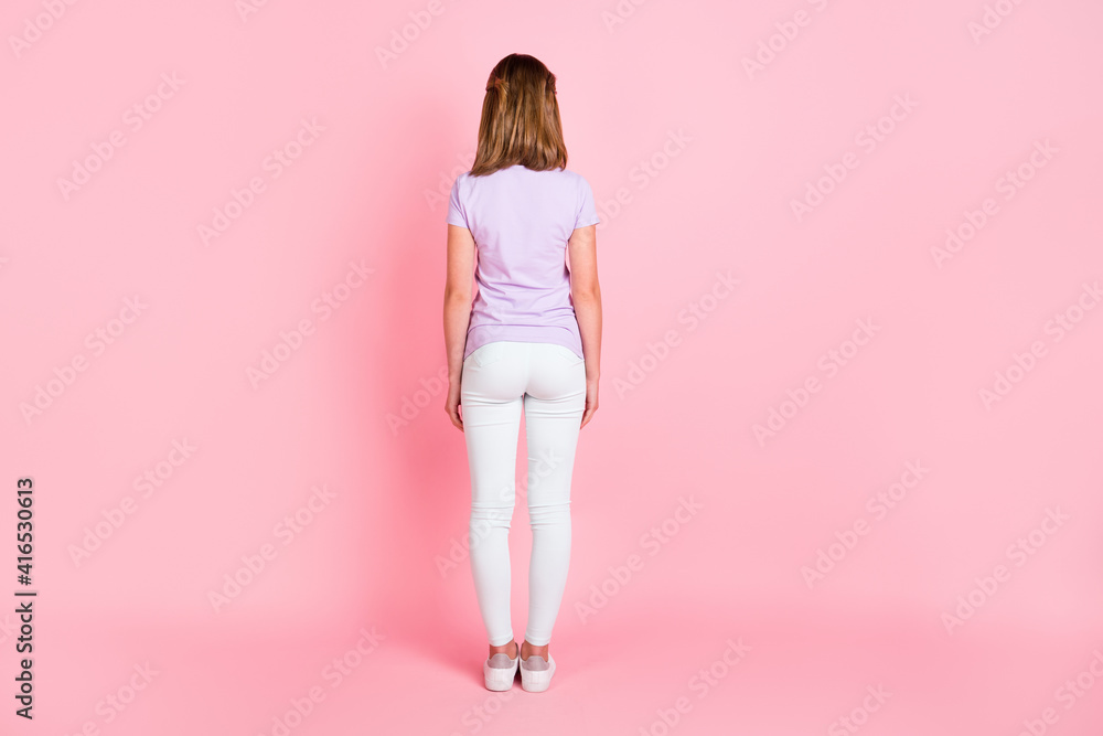 Full size back rear spine view photo of small blonde teenage girl wear ...