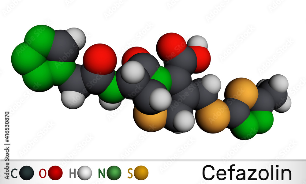 Cefazolin, cefazoline, cephazolin molecule. It is s beta-lactam ...