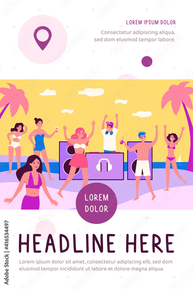 Young people at beach party flat vector illustration. Cartoon man and ...