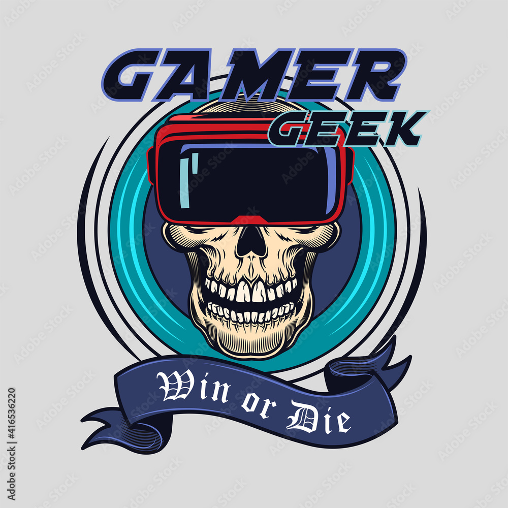 Retro badge with skull in VR glasses vector illustration. Colorful ...