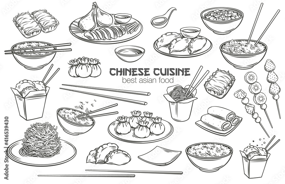 Chinese cuisine outline icon set. Asian food engraved monochrome vector ...