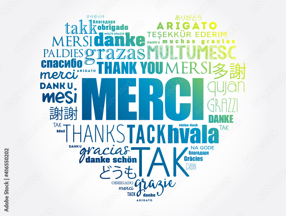 Merci (Thank You in French) love heart word cloud in different ...