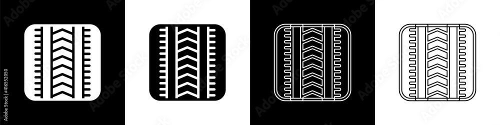 Set Tire track icon isolated on black and white background. Vector ...