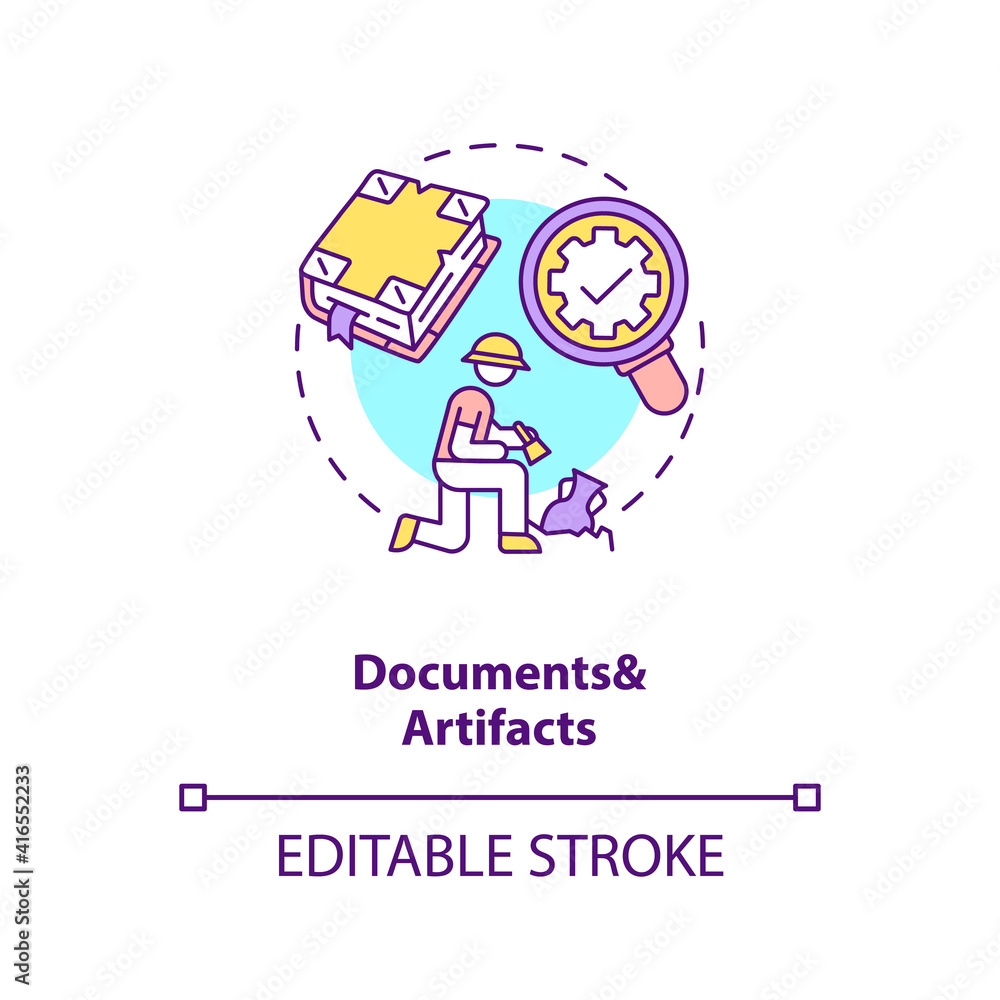 Documents and artifacts analysis concept icon. Documentary data data ...