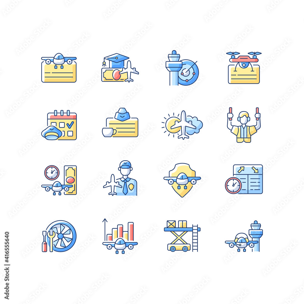 Aviation RGB color icons set. Civil aviation issues. Flight attendant license. Airlines ...