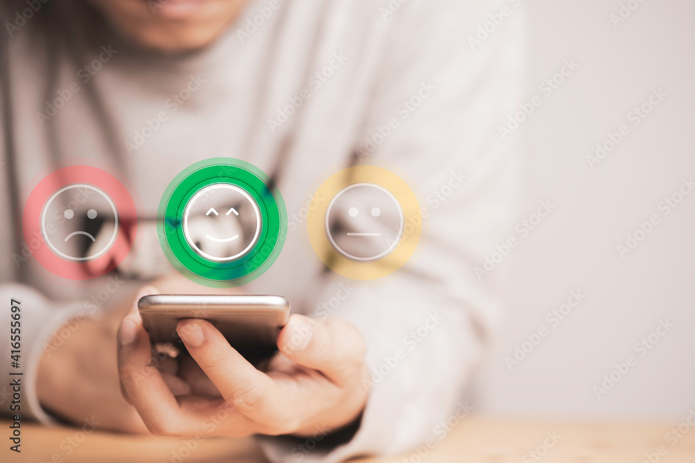 Customer using smartphone with face icons and info graphic percentage ...