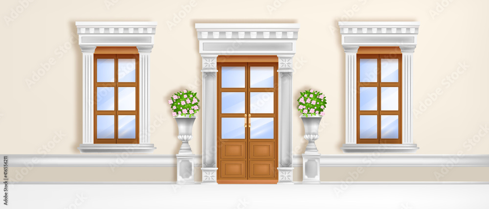 Classic palace door, roman windows front view with marble pillars ...
