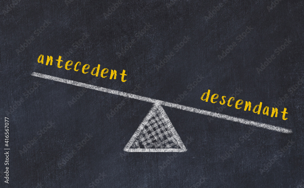 Chalk drawing of scales with words antecedent and descendant. Concept ...
