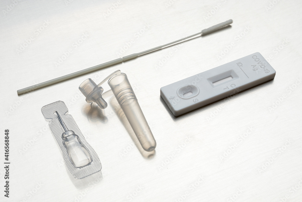sars-cov-2 rapid antigen test kit on stainless steel surface Stock ...
