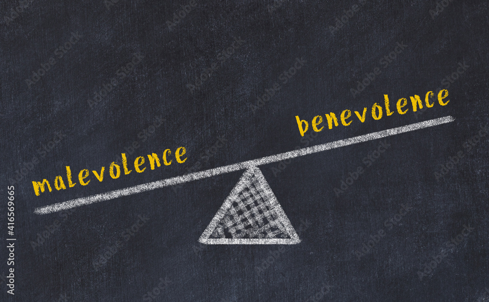 Chalk drawing of scales with words malevolence and benevolence. Concept ...