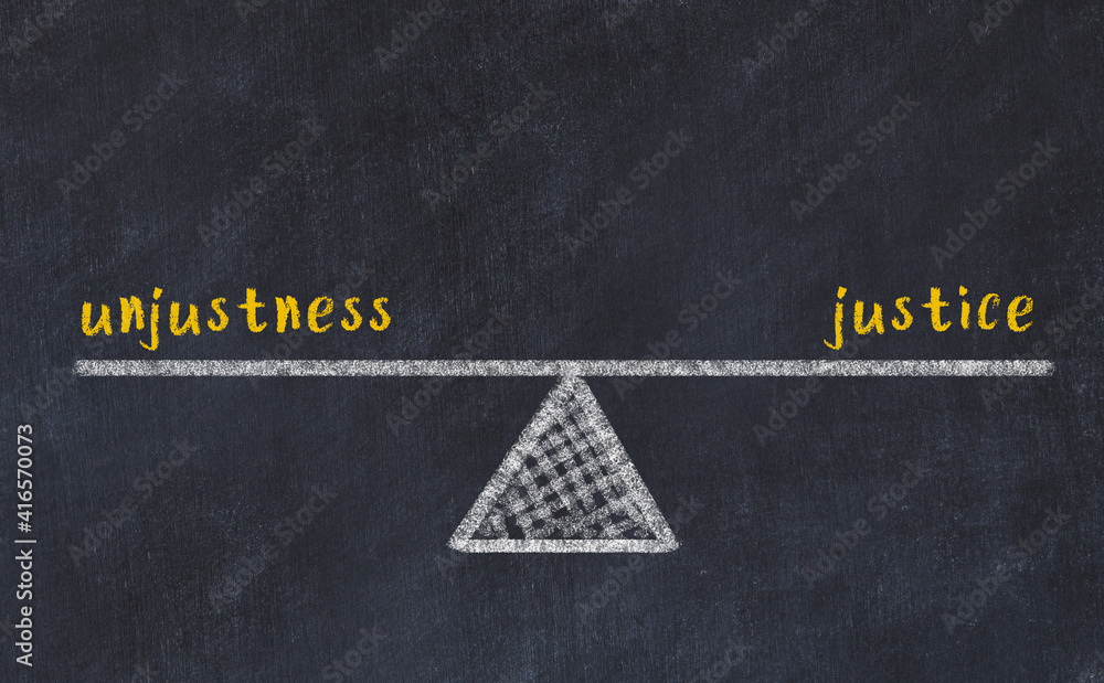 Chalk drawing of scales with words unjustness and justice. Concept of ...