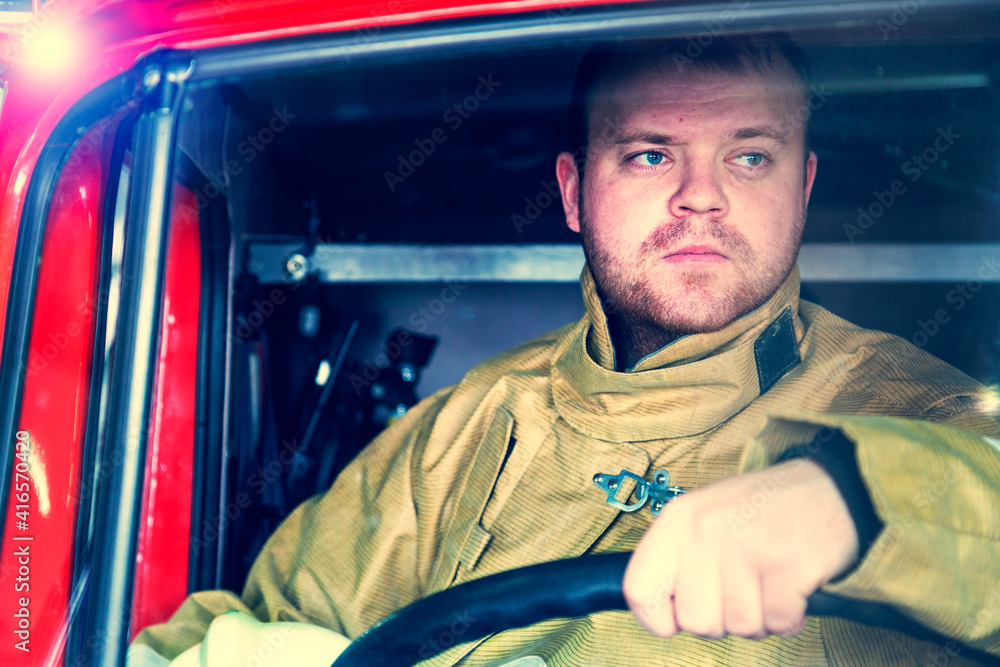 Emergency safety. Protection, rescue from danger. Fire truck ready to ...