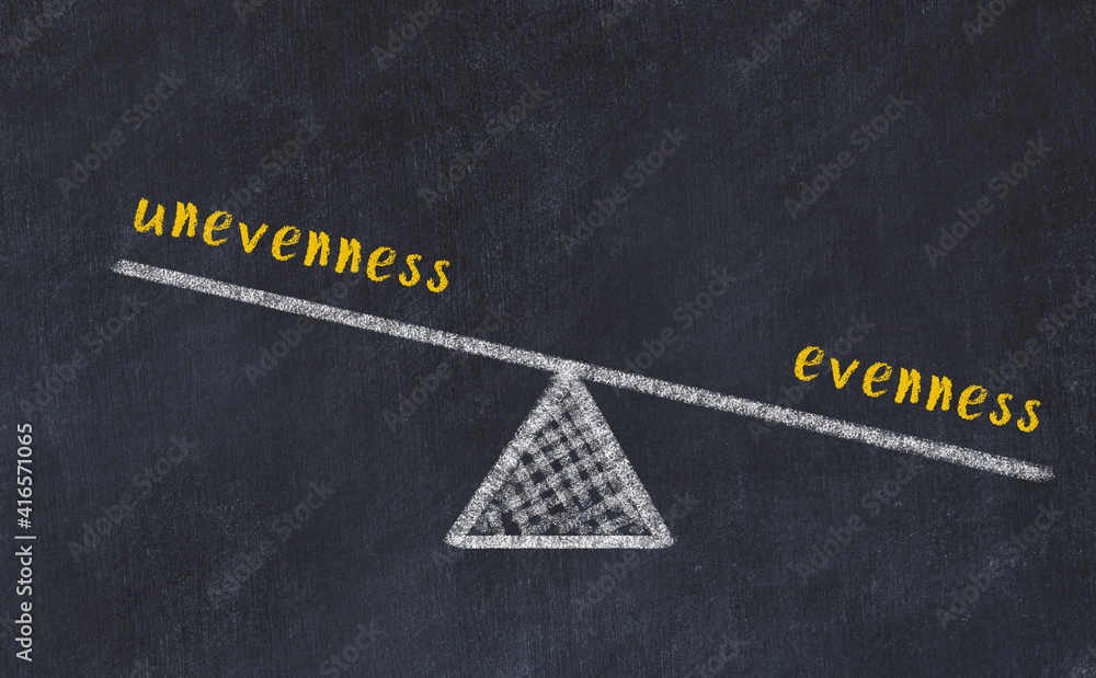 Chalk drawing of scales with words unevenness and evenness. Concept of ...
