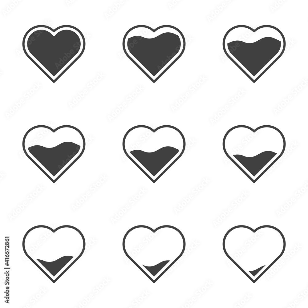 Set of 9 icons with filling hearts. A simple image of a heart gradually ...