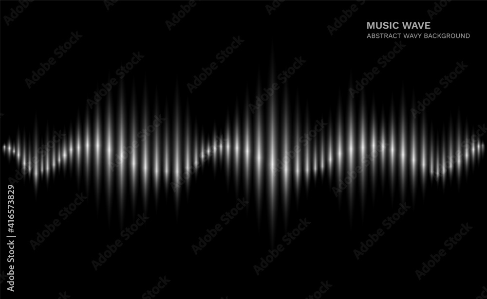Radio wave. Black and white sound dynamic waveform on dark background ...