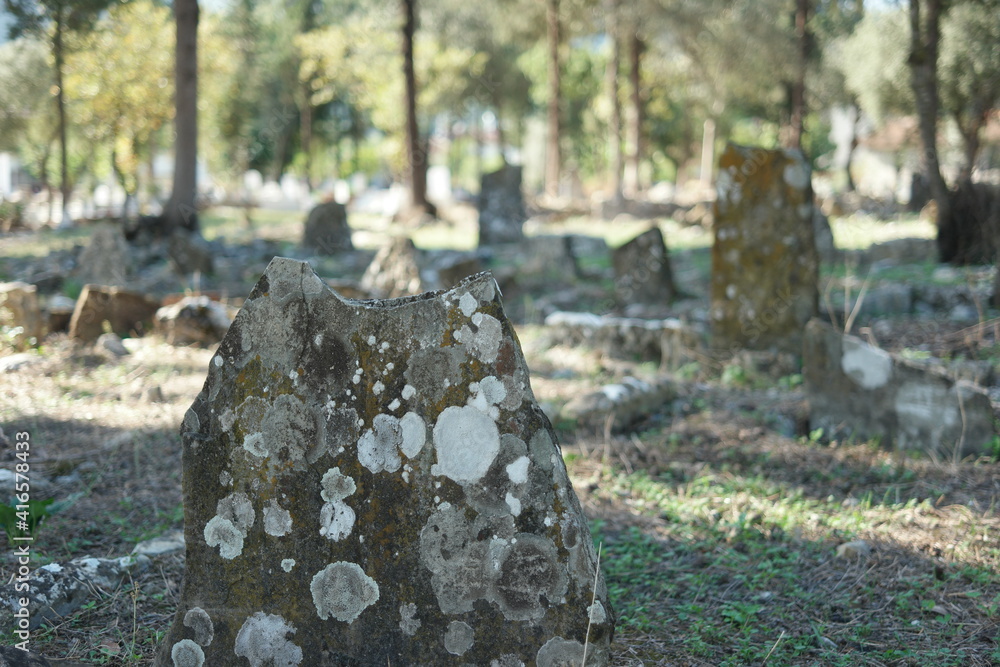 Old Muslim turkish cemetery. Old headstone at cemetery. Blurred ...