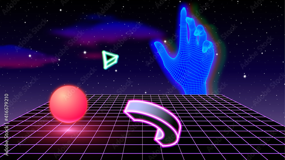 Vaporwave or synthwave abstract concept with glitchy glowing hand, neon ...
