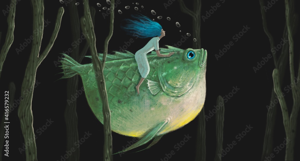 Fantasy art , Animal conceptual artwork, woman with giant fish, surreal ...
